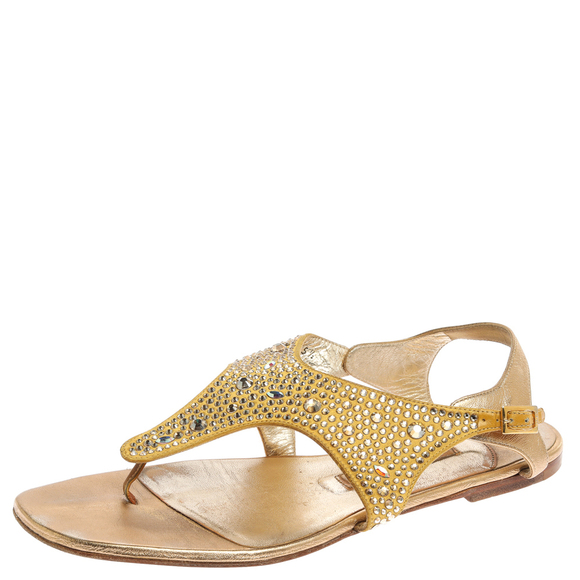 Gina | Shoes | Gina Gold Satin Crystal Embellished Thong Flats Size 38 ...